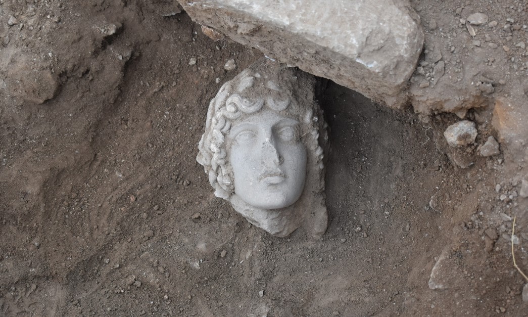 The marble head of God Apollo unearthed in an excavation at Philippi ...